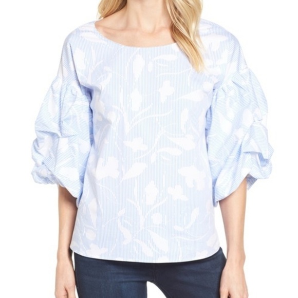 Halogen | Tops | Nwt Halogen Blouson Sleeve Top Stripe Floral Blue ...